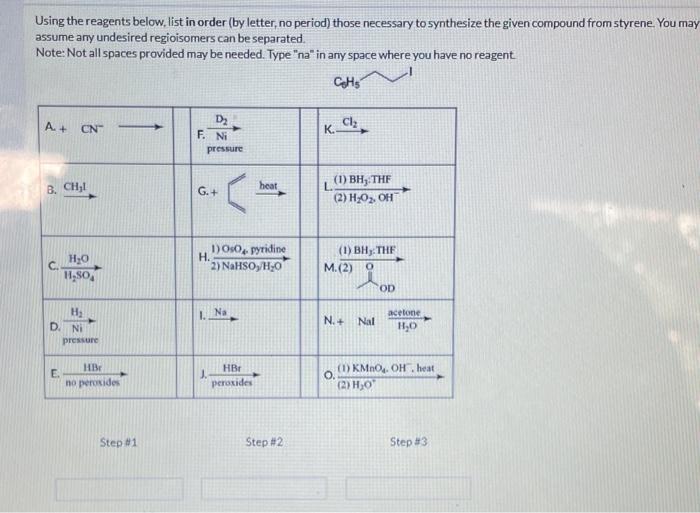 Solved Using the reagents below, list in order (by letter, | Chegg.com