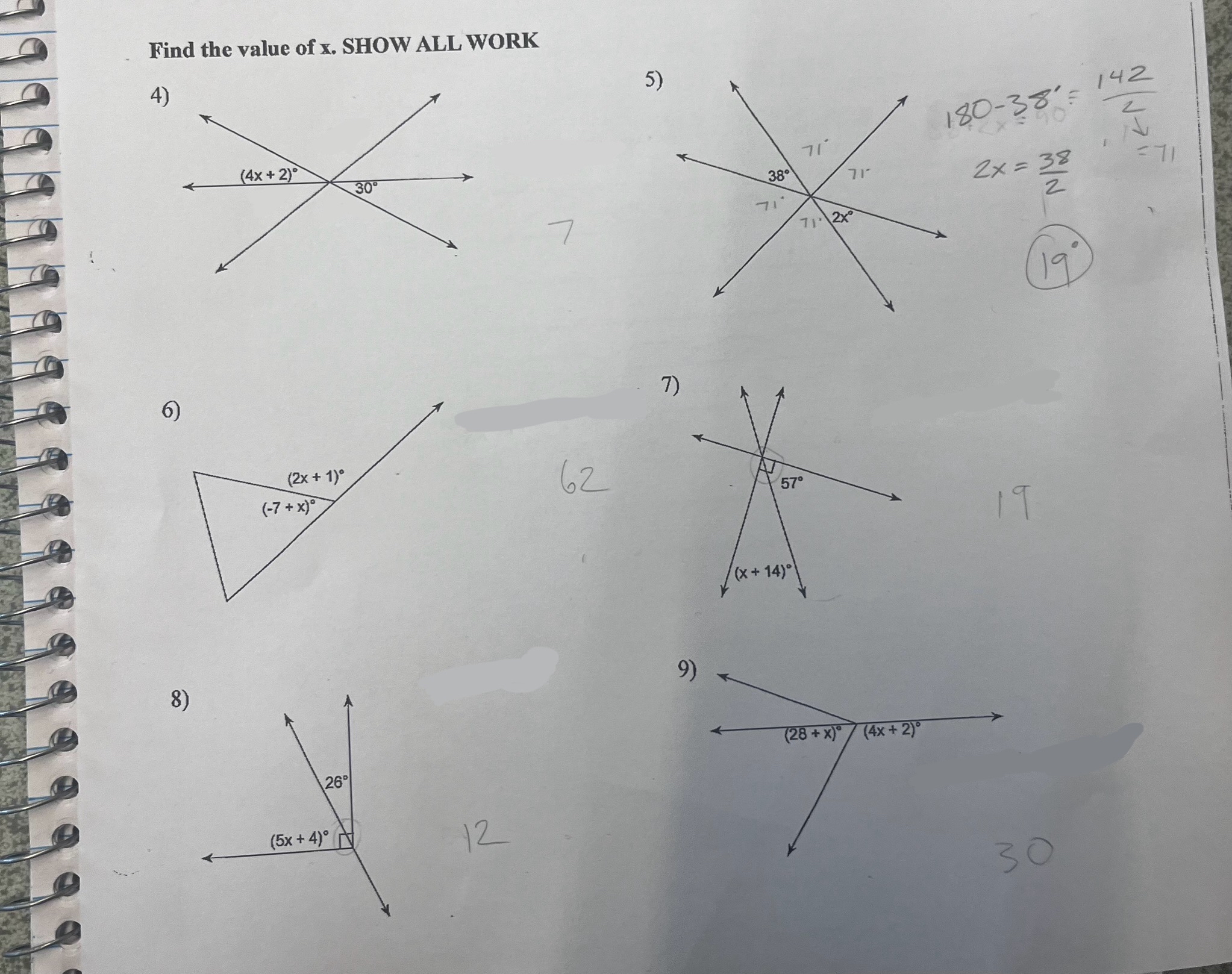 Solved Find the value of x. ﻿SHOW ALL WORK.SOLVE#4-#9, ﻿SKIP | Chegg.com