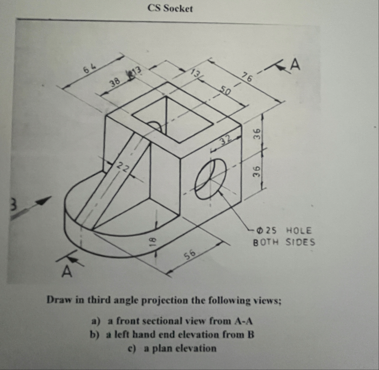 Solved CS SocketDraw in third angle projection the following | Chegg.com
