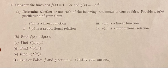 Solved 4. Consider the functions f(x) = 1 - 2c and g(x) = | Chegg.com