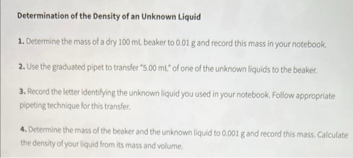 Solved Determination of the Density of an Unknown Liquid 1. | Chegg.com