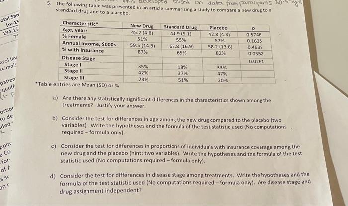 Solved standard drug and to a placebo. "Table a) Are there | Chegg.com