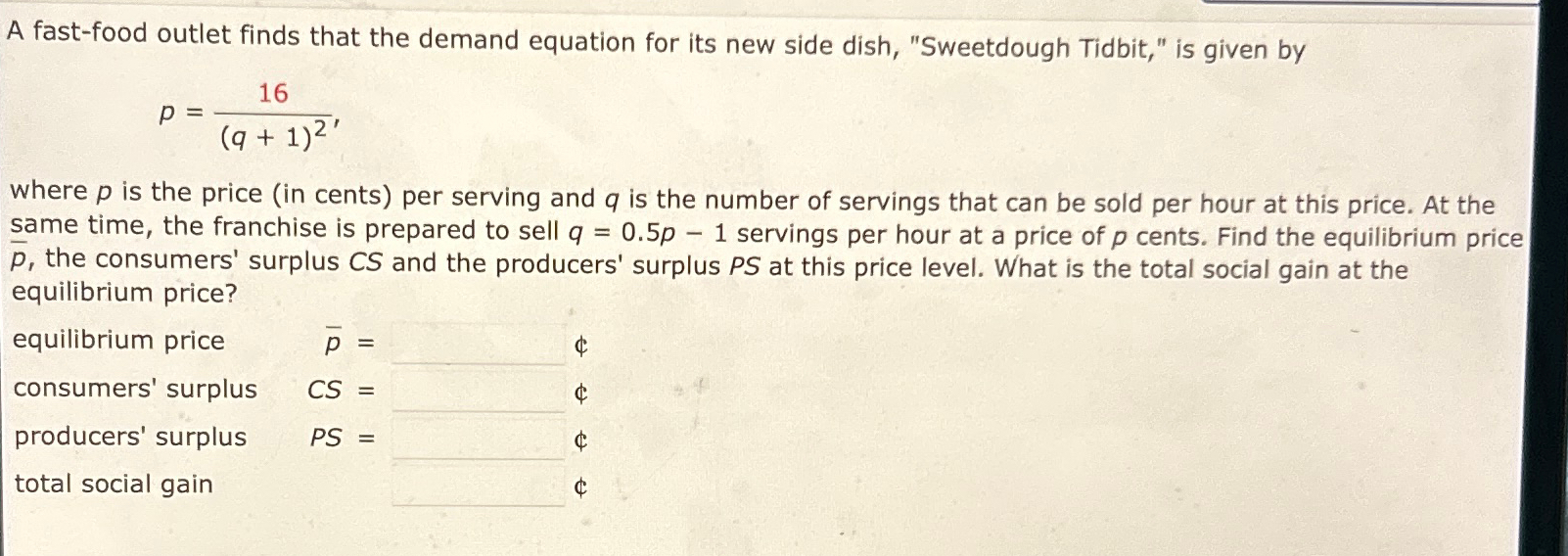 Solved A fast-food outlet finds that the demand equation for | Chegg.com