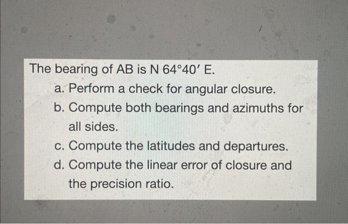 Solved The bearing of AB is N64∘40′E. a. Perform a check for | Chegg.com