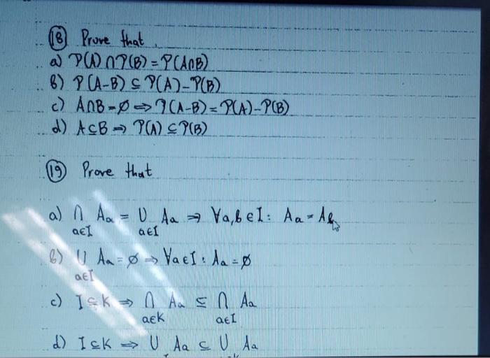 Solved a) P(A)∩Υ(B)=P(A∩B) b) P(A−B)⊆P(A)−P(B) c) | Chegg.com