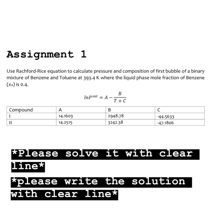 Solved Assignment 1 Use Rachford-Rice equation to calculate | Chegg.com