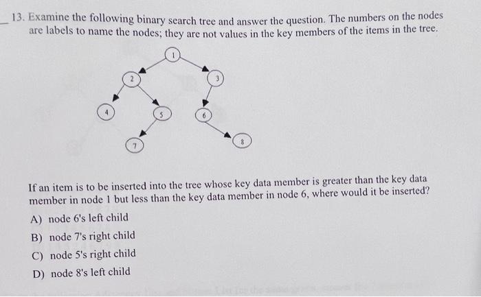 Solved 13. Examine the following binary search tree and | Chegg.com