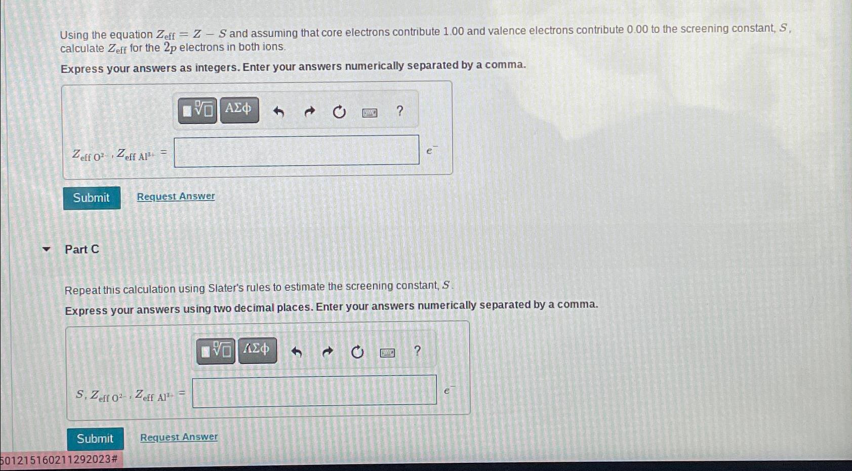 Solved Using the equation Zeff =Z-S ﻿and assuming that core | Chegg.com