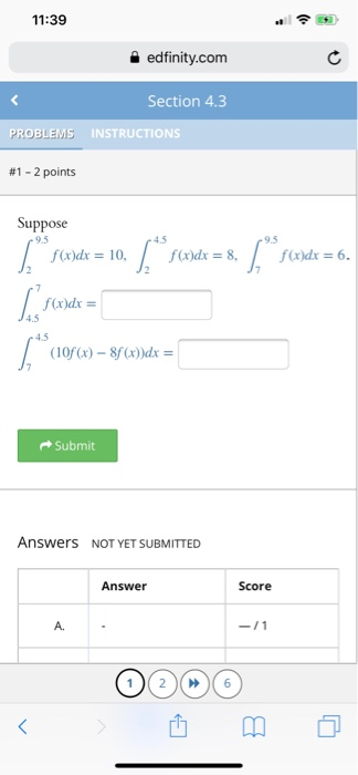 Solved 11:39 edfinity.com Section 4.3 PROBLEMS INSTRUCTIONS | Chegg.com