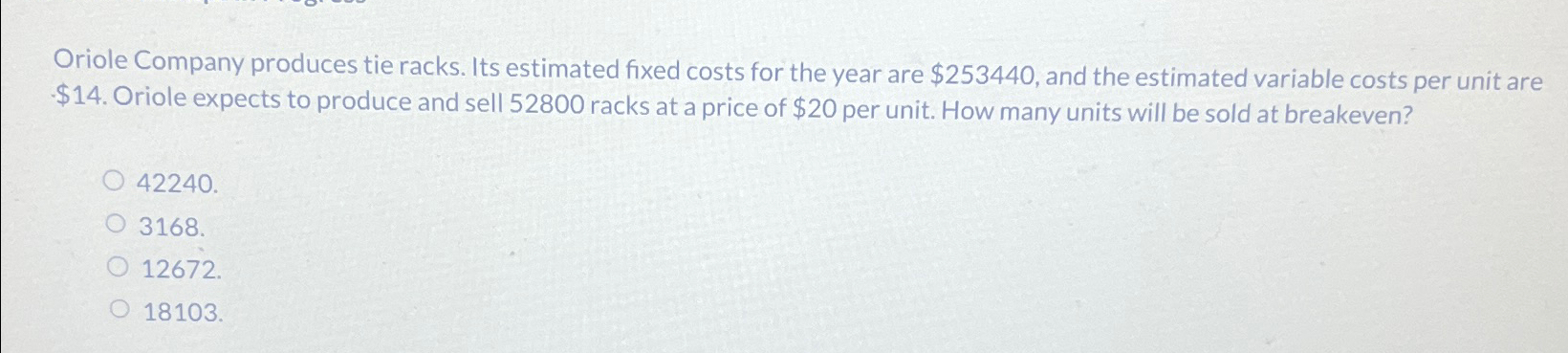 Solved Oriole Company produces tie racks. Its estimated | Chegg.com