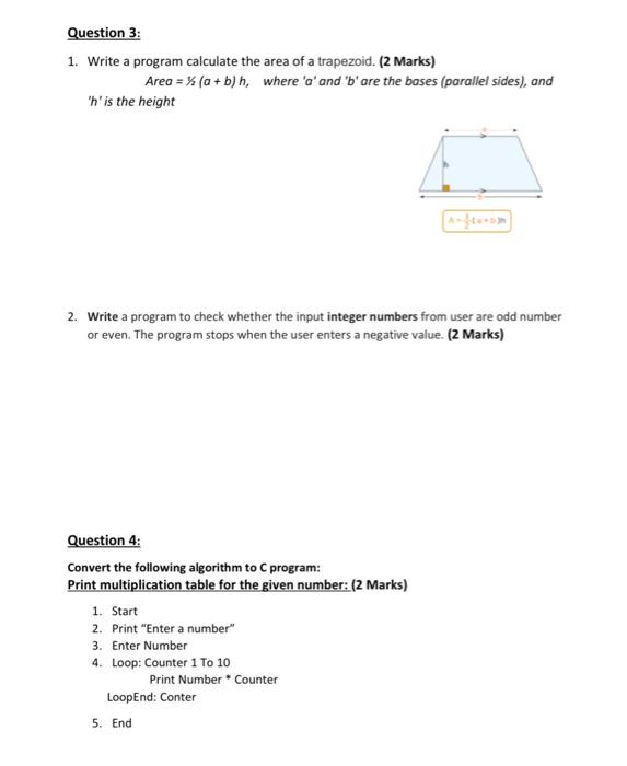 Solved 1. Write a program calculate the area of a trapezoid. | Chegg.com