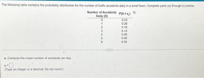 Solved a. Compute the mean number of accidents per day. μ= | Chegg.com