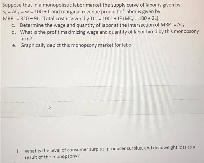 Solved Suppose that in a monopolistic labor market the | Chegg.com