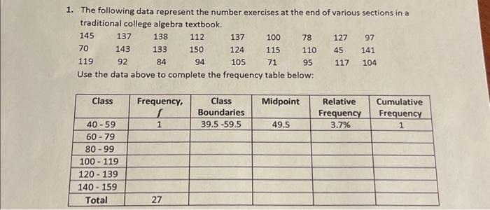 Solved The following data represent the number exercises at | Chegg.com