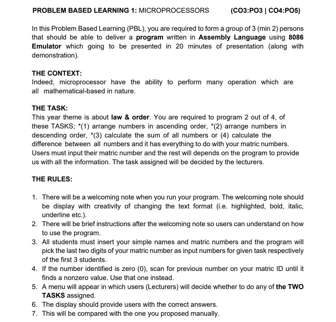 Solved PROBLEM BASED LEARNING 1: MICROPROCESSORS (CO3:PO3 | | Chegg.com