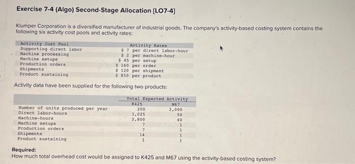 Solved Exercise 7-4 (Algo) Second-Stage Allocation [LO7-4] | Chegg.com