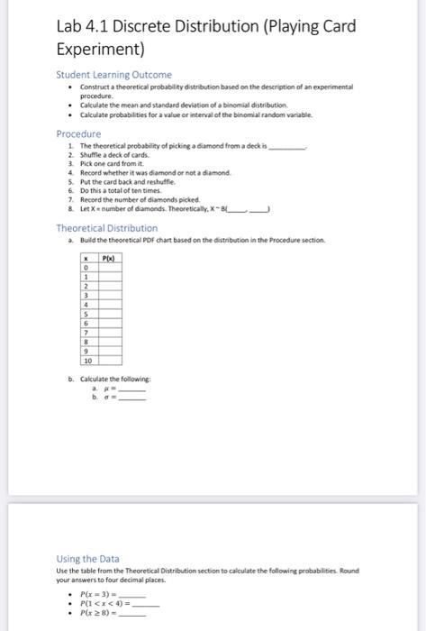Solved Lab 4.1 Discrete Distribution (Playing Card | Chegg.com