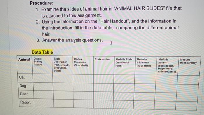 Solved Procedure: 1. Examine the slides of animal hair in | Chegg.com