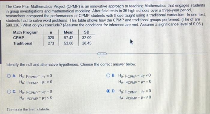 Solved The Core Plus Mathematics Project (CPMP) is an | Chegg.com