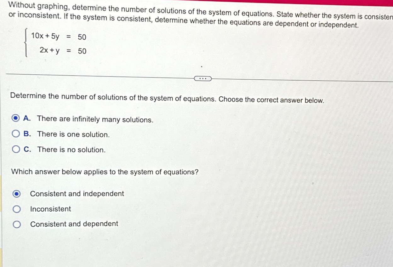 Solved Without graphing, determine the number of solutions | Chegg.com