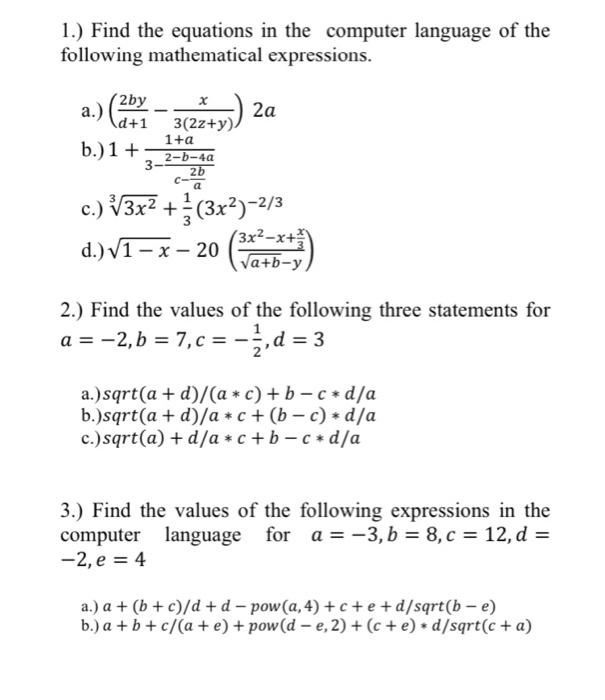 Solved 1.) Find the equations in the computer language of | Chegg.com