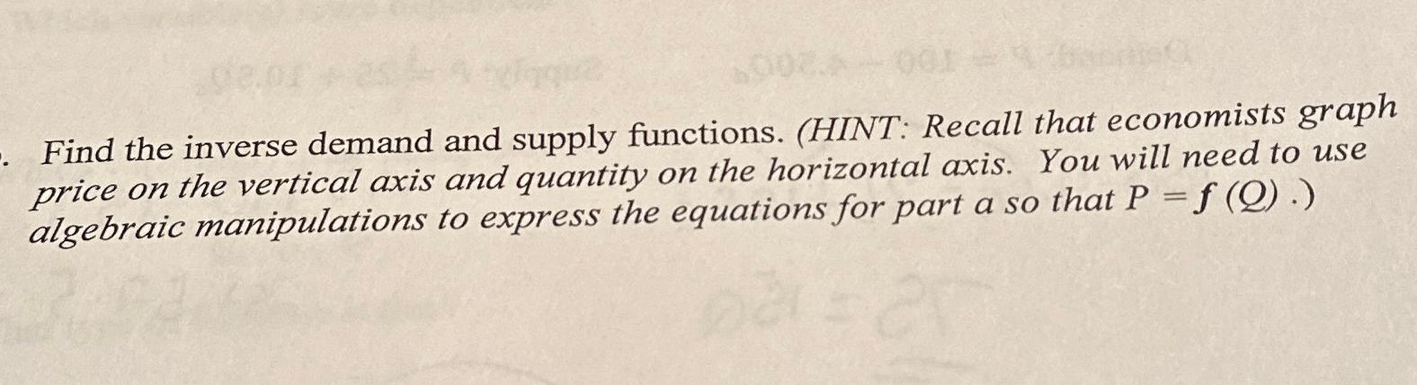 Solved Find the inverse demand and supply functions. (HINT: | Chegg.com