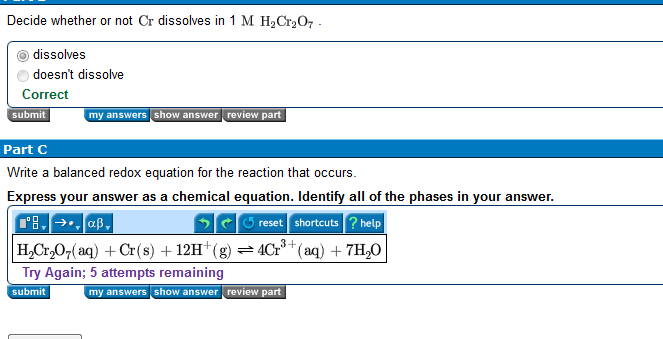 Solved Decide whether or not Cr dissolves in 1 M H2Cr2O7. | Chegg.com