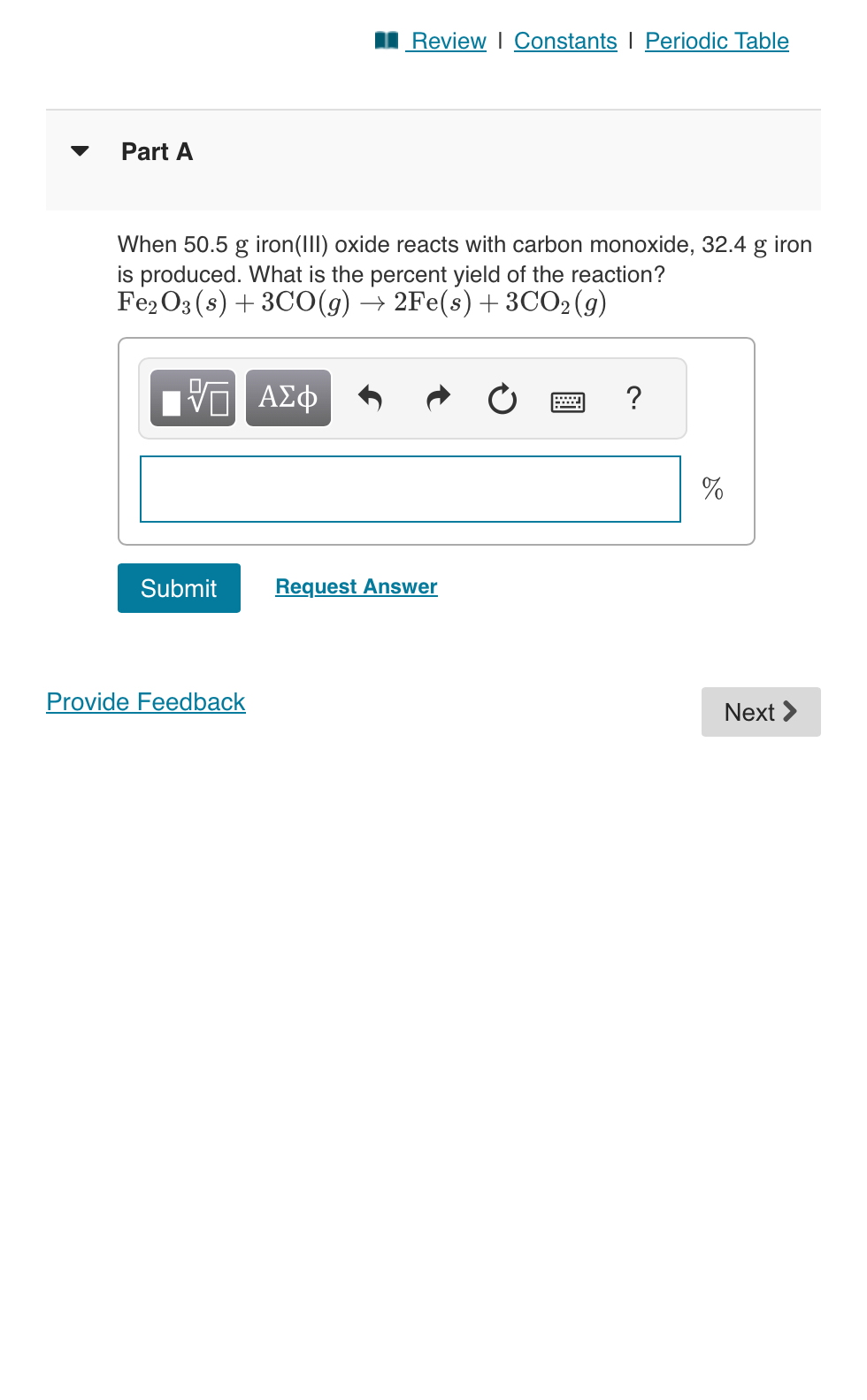 Solved Part AWhen 50.5g ﻿iron(III) ﻿oxide reacts with carbon | Chegg.com