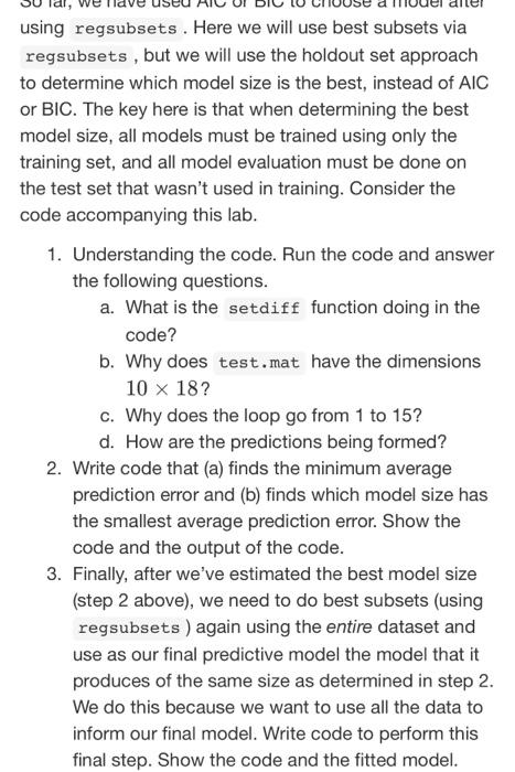 Solved using regsubsets. Here we will use best subsets via | Chegg.com