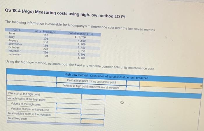 Solved QS 18-4 (Algo) Measuring costs using high-low method | Chegg.com