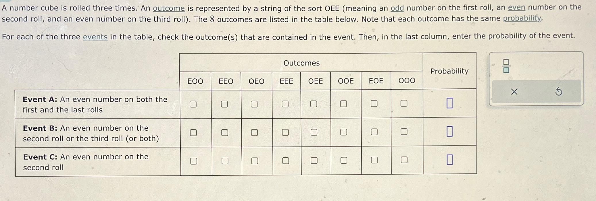 Solved A number cube is rolled three times. An outcome is | Chegg.com