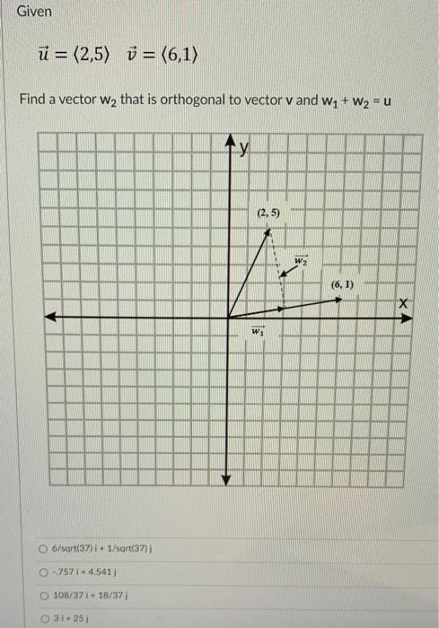 Solved Given u= 2,5 v= 6,1 Find a vector w2 that is | Chegg.com