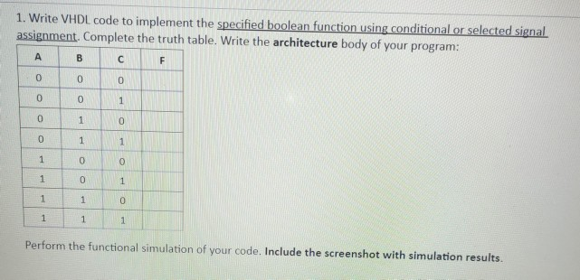 Solved 1. Write VHDL code to implement the specified boolean | Chegg.com