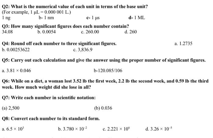Solved Q2: What is the numerical value of each unit in terms | Chegg.com
