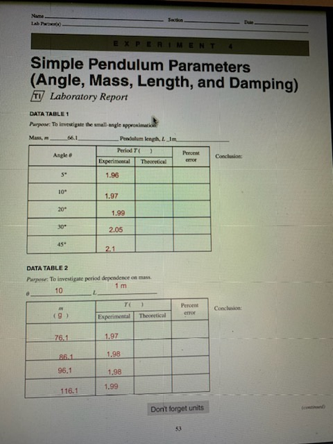 Solved Атмент Simple Pendulum Parameters (Angle, Mass, | Chegg.com