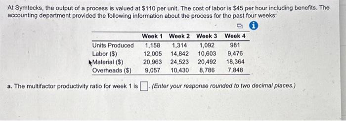 Solved At Symtecks, the output of a process is valued at | Chegg.com