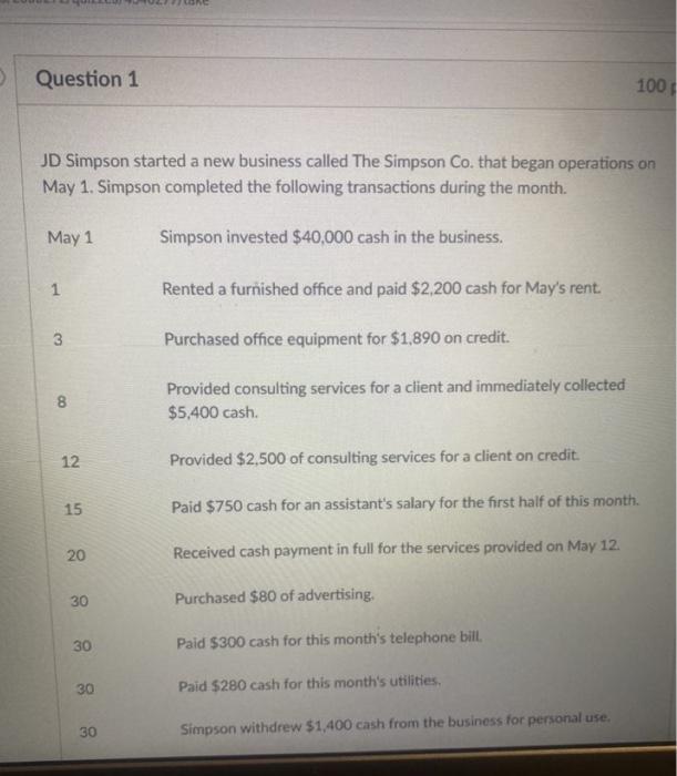 Solved ONE Question 1 100 JD Simpson started a new business | Chegg.com