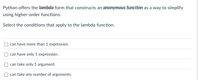 Solved Python offers the lambda form that constructs an | Chegg.com
