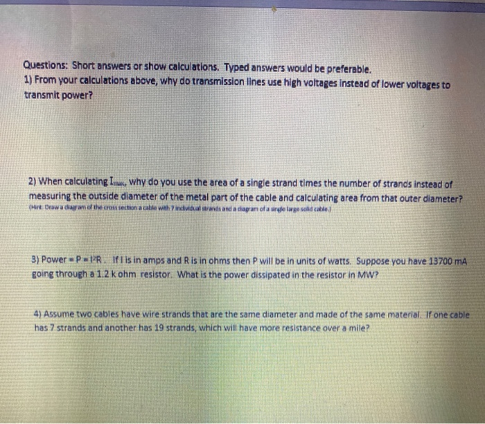 Solved Transmission Line Conductor Cable Lab Name Da these | Chegg.com