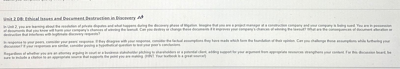 Solved Unit 2 ﻿DB: Ethical Issues and Document Destruction | Chegg.com