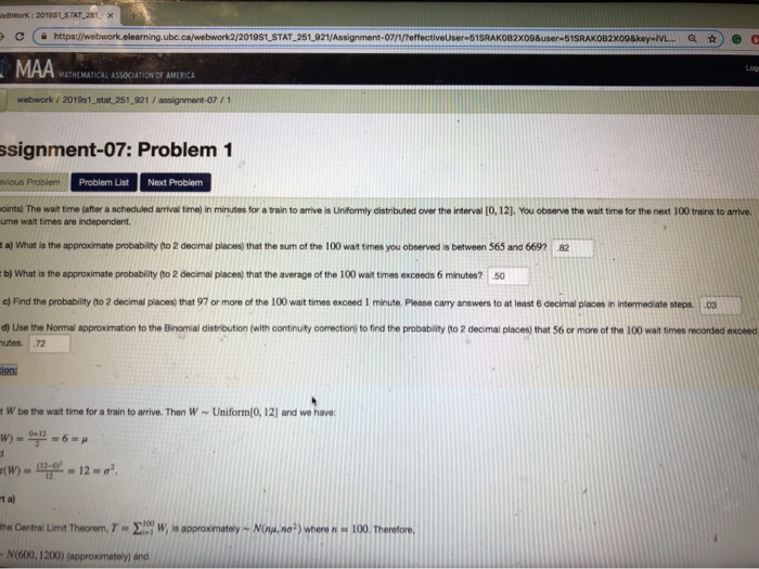 Solved VeBWork: 201951,STAT 251 x | Chegg.com