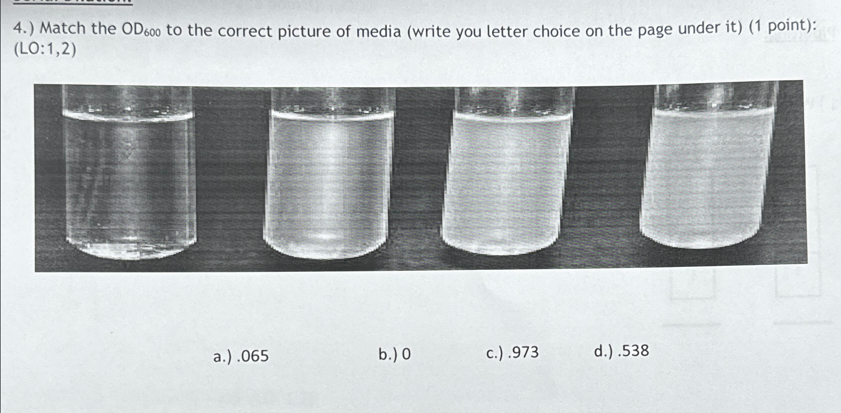 Solved 4.) ﻿Match the OD600 ﻿to the correct picture of media | Chegg.com