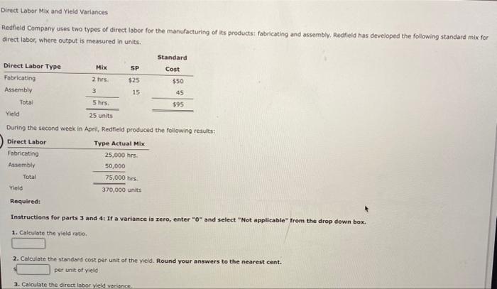 Solved Direct Labor Mix and Yield Variances Redfield Company | Chegg.com