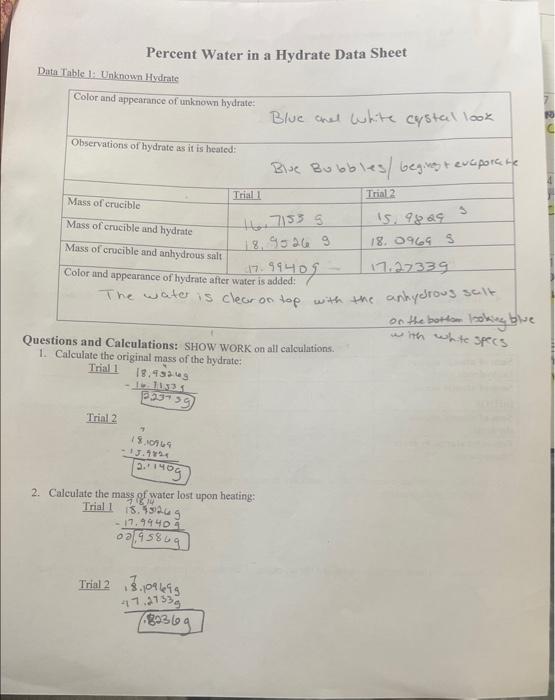 Solved 4. The unknown hydrate is one of the following | Chegg.com