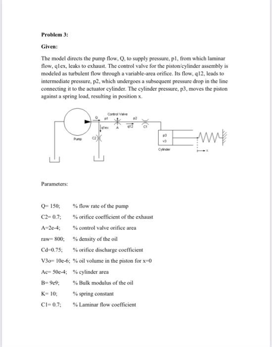 Solved Problem 3: Given: The model directs the pump flow, Q, | Chegg.com