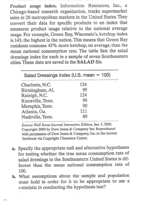 Solved Product usage index. Information Resources, Inc., a | Chegg.com