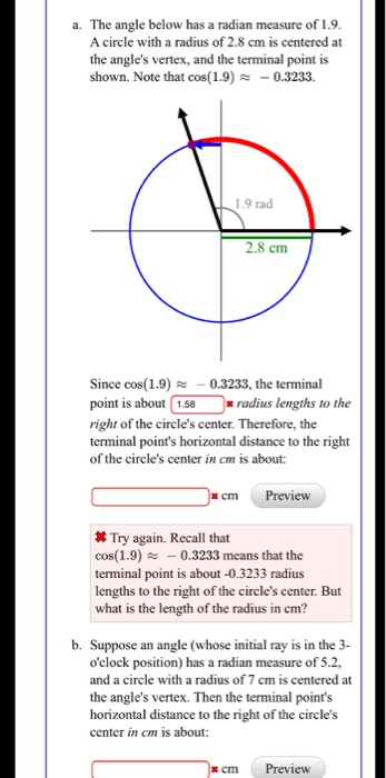 Solved a. The angle below has a radian measure of 1.9. A | Chegg.com