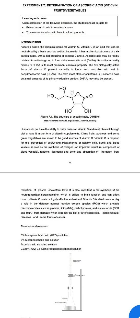Solved EXPERIMENT 7: DETERMINATION OF ASCORBIC ACID (VIT C) | Chegg.com