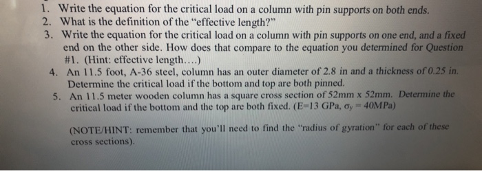 Solved 1. Write the equation for the critical load on a | Chegg.com