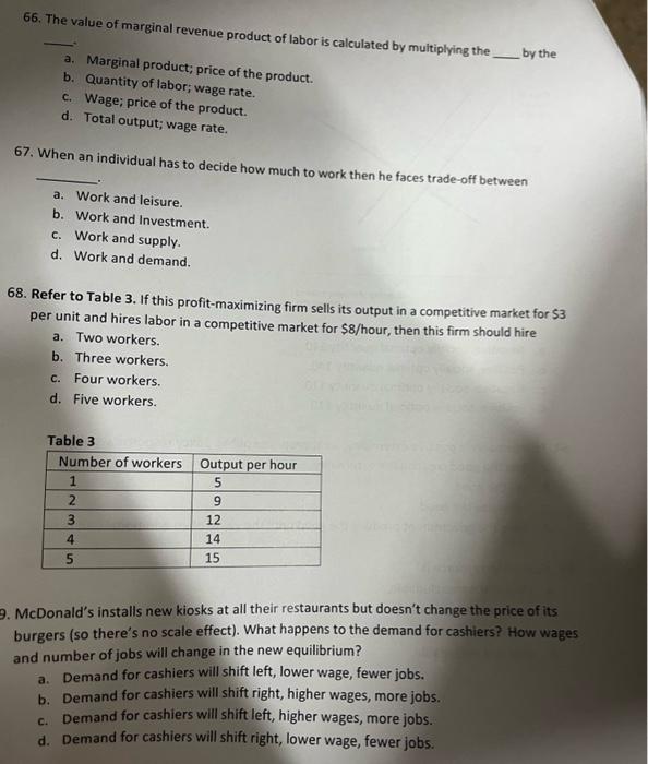 Solved 66. The value of marginal revenue product of labor is | Chegg.com